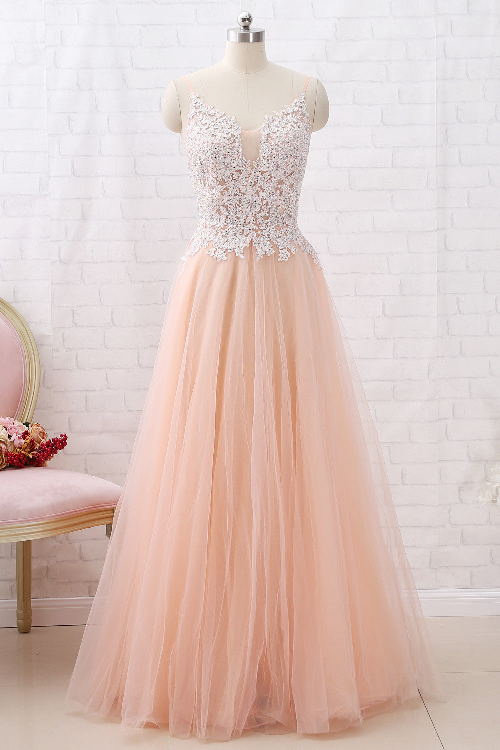 MACloth Straps V Neck Lace Tulle Blush Pink Prom Dress Formal Evening